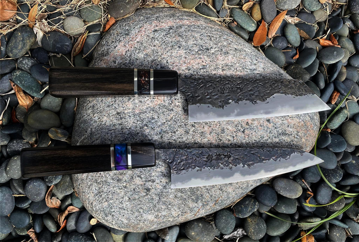 Custom forged blue 2 steel chef knives with double rings special handl ...